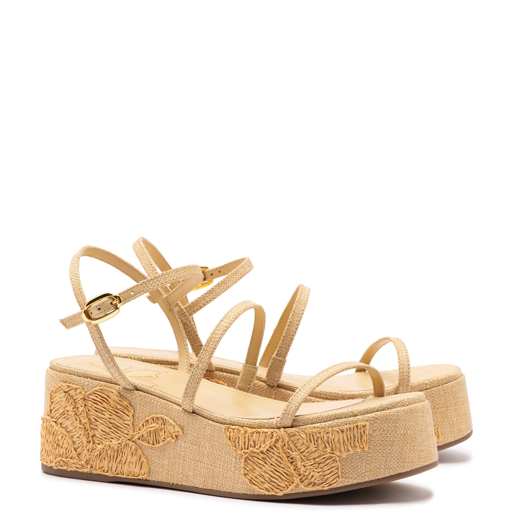 Gio Flatform Sandal In Beige Raffia and Hibiscus Embroidery