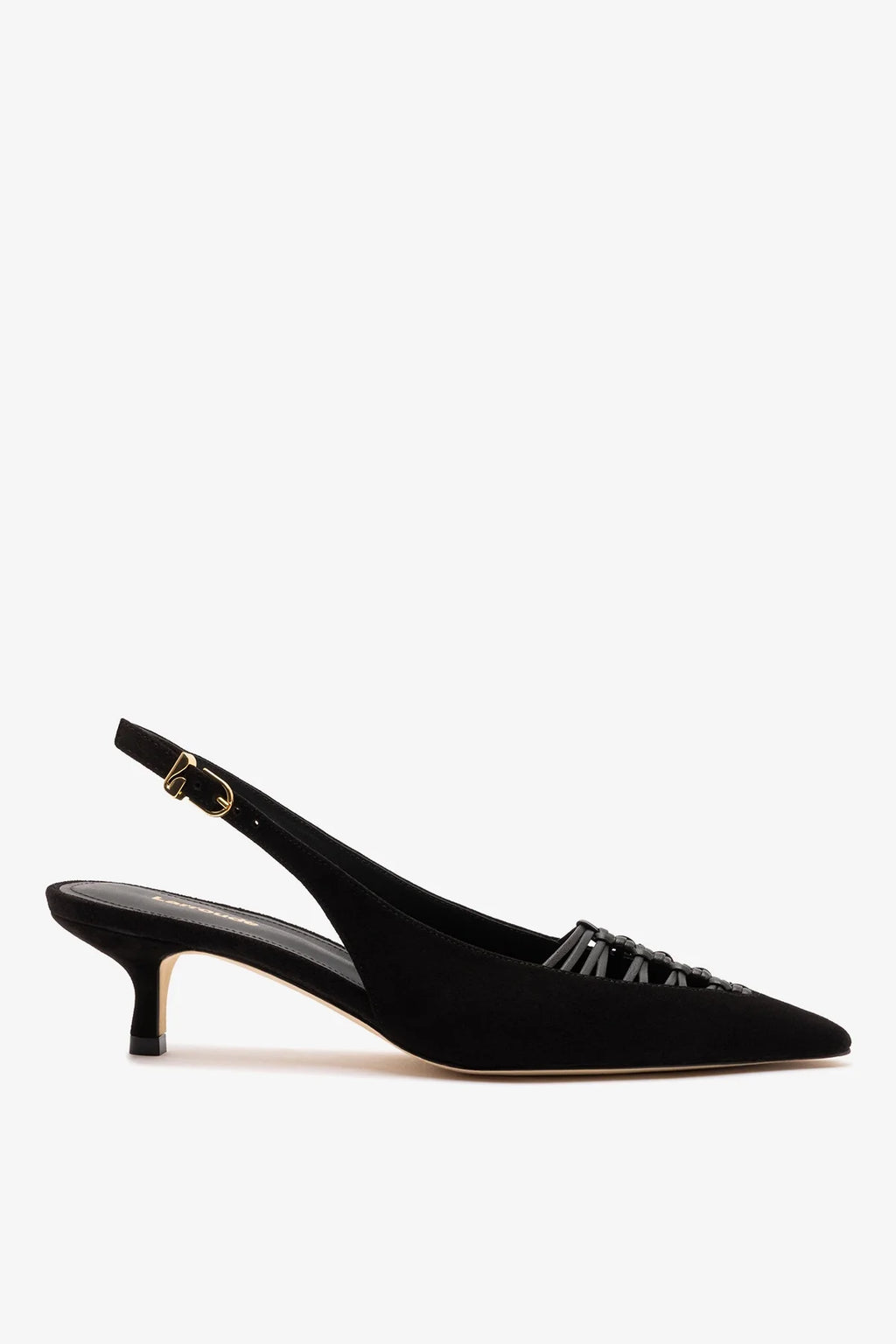 Slingback Salto Fino Nara Camurça e Couro Preto | Larroudé – Larroudé ...