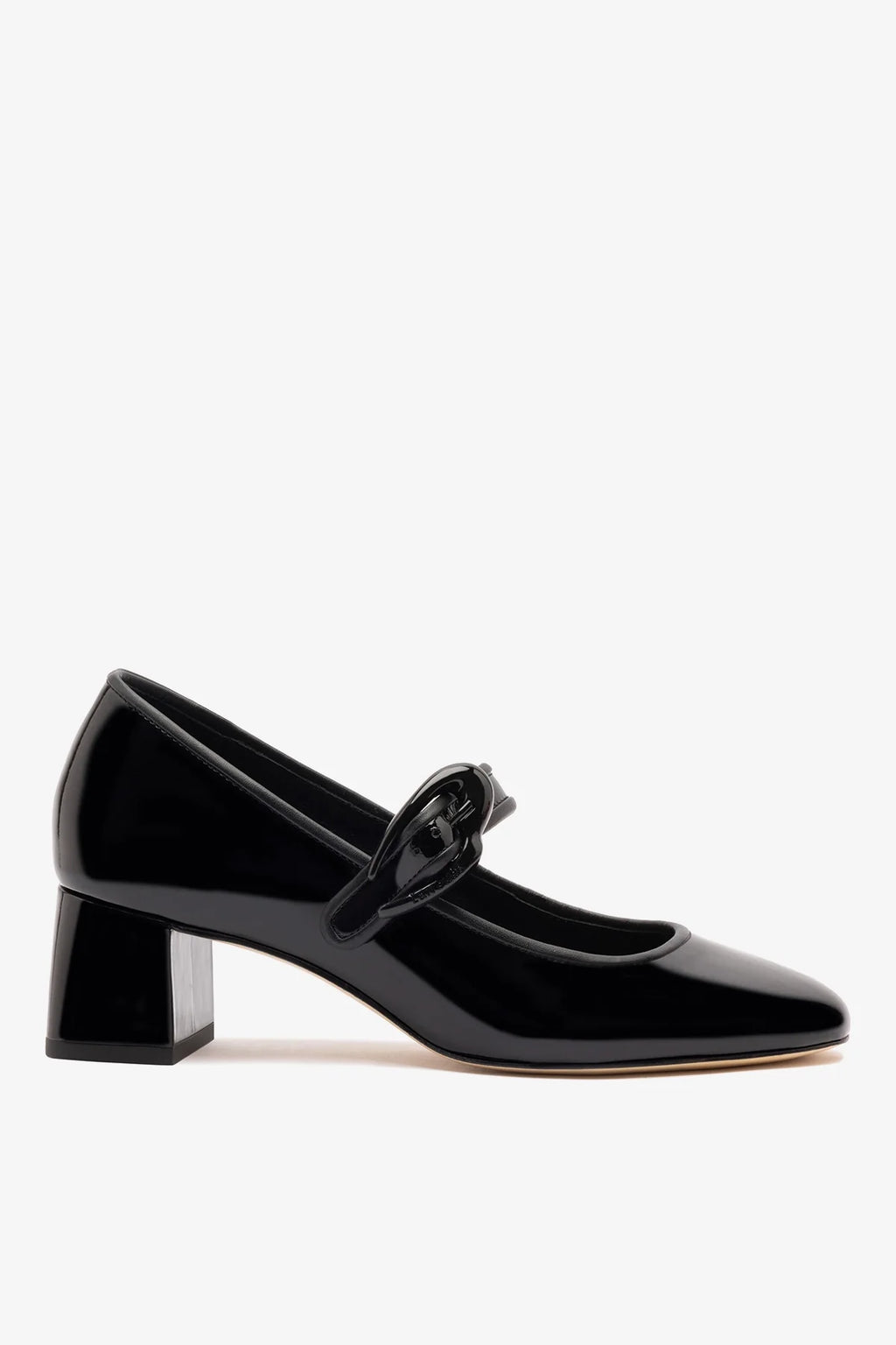 Scarpin Salto Bloco Verona Couro Verniz Preto – Larroudé Brasil